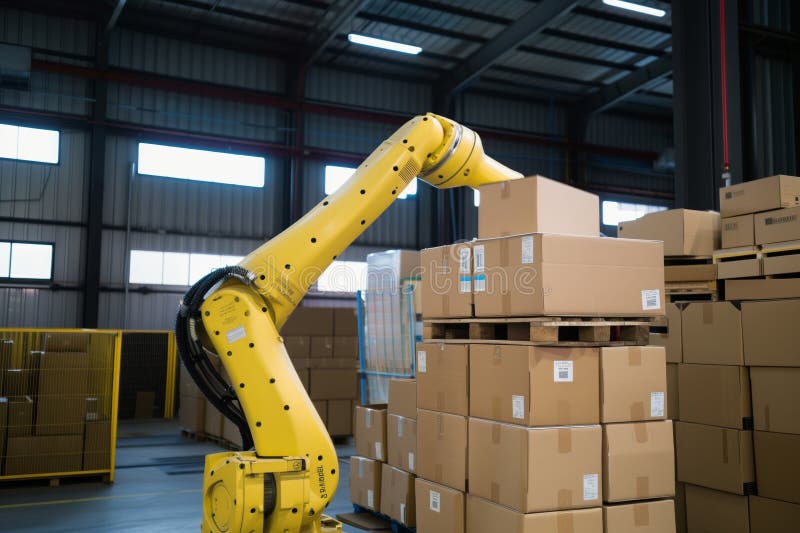 Robot Arm Stacking Boxes on Pallet in Warehouse Stock Photo - Image of ...
