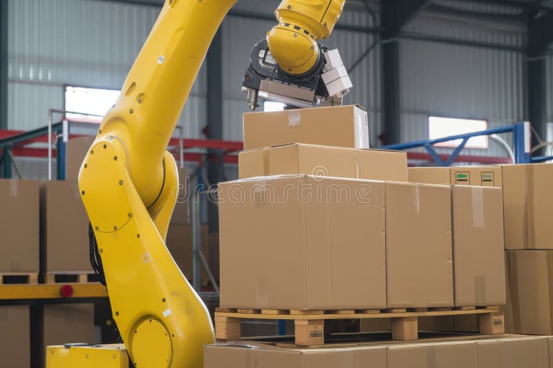 Robot Arm Stacking Boxes on Pallet in Warehouse Stock Photo - Image of ...