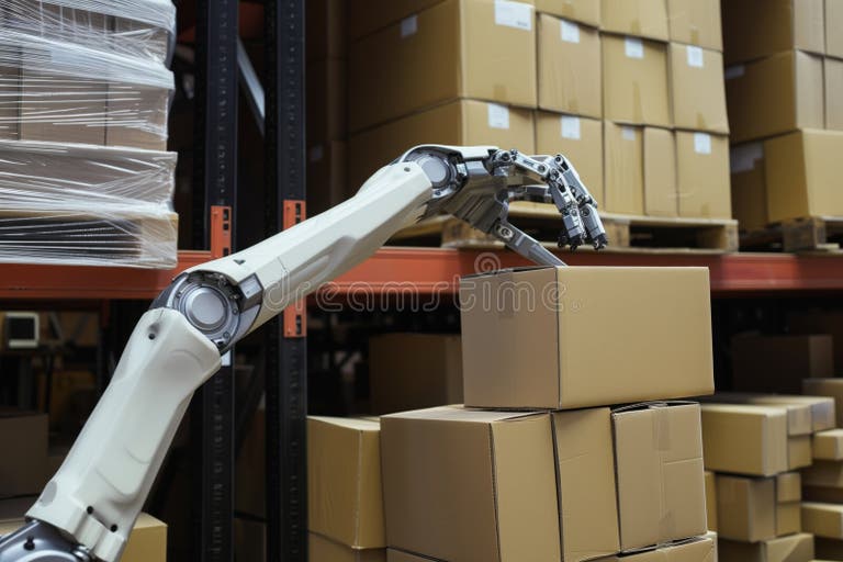 Robot Arm Stacking Cardboard Boxes in Warehouse Stock Photo - Image of ...