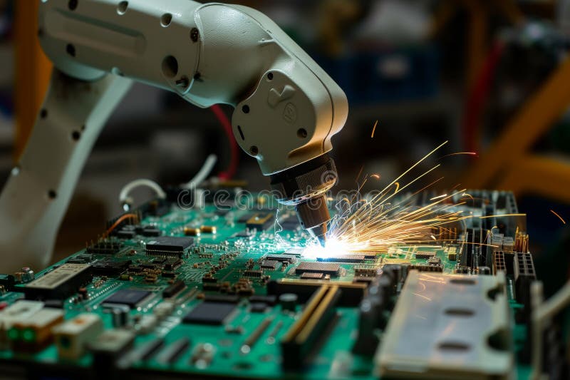 Robot Arm Welding Circuitry in Electronics Production Stock Image ...