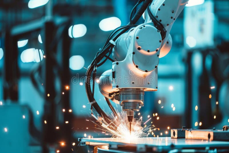 Robot Arm Welding in an Industrial Setting with Precision and Sparks ...