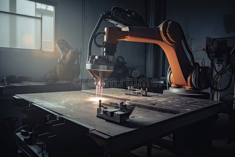 Robot Arm, Welding Metal Plate in Factory of the Future Stock ...