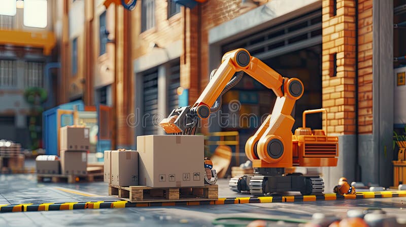A Robot Arm Working Alongside an Electric Cargo Bot As it Delivers ...