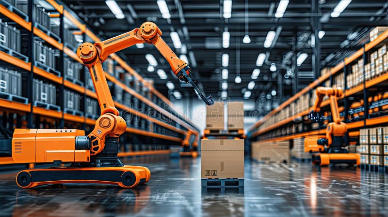 A Robot Arm Working Alongside an Electric Cargo Bot As it Delivers ...