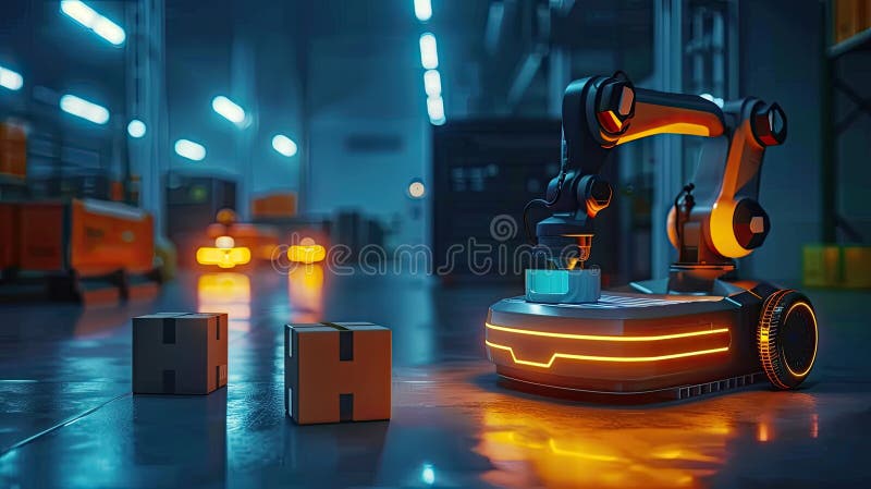 A Robot Arm Working Alongside an Electric Cargo Bot As it Delivers ...