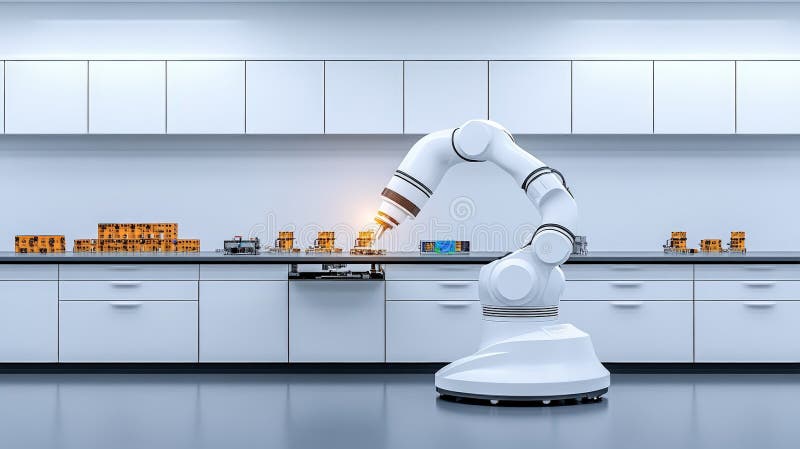 Robot Arm Working in a Modern Kitchen with Machines and Containers ...