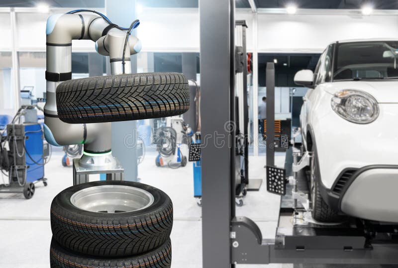 Robot Arm Works in a Car Service Stock Image - Image of automated ...