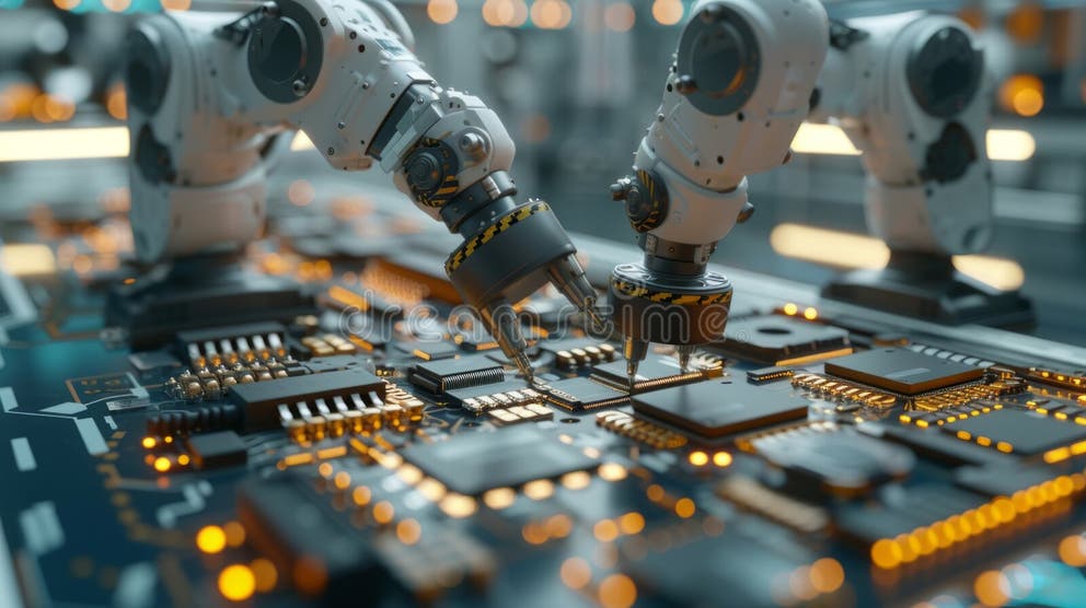 Robot Arms Engaged in Precision Work on a Circuit Board, Illustrating Advanced Technology in ...