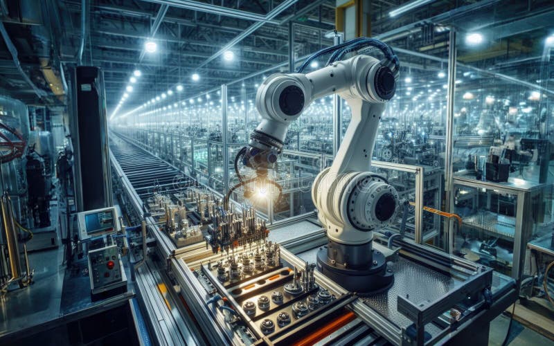 Robot Arms On Fully Automated Assembly Line Inside Modern Electronics