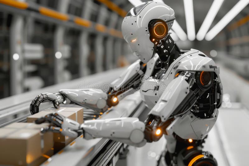 Robot Arms in a Warehouse Preparing Boxes for Delivery on a Conveyor ...