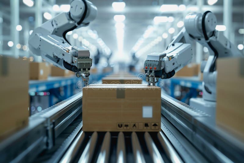 Robot Arms in a Warehouse Preparing Boxes for Delivery on a Conveyor ...