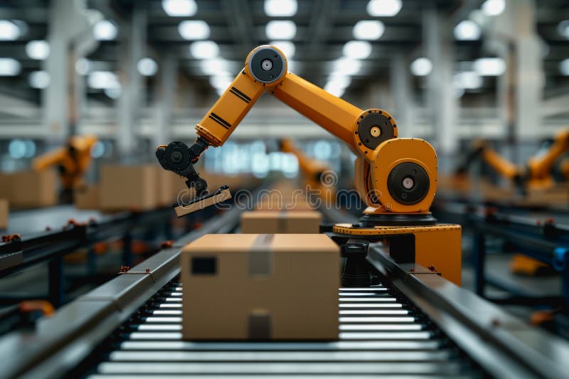 Robot Arms in a Warehouse Preparing Boxes for Delivery on a Conveyor ...