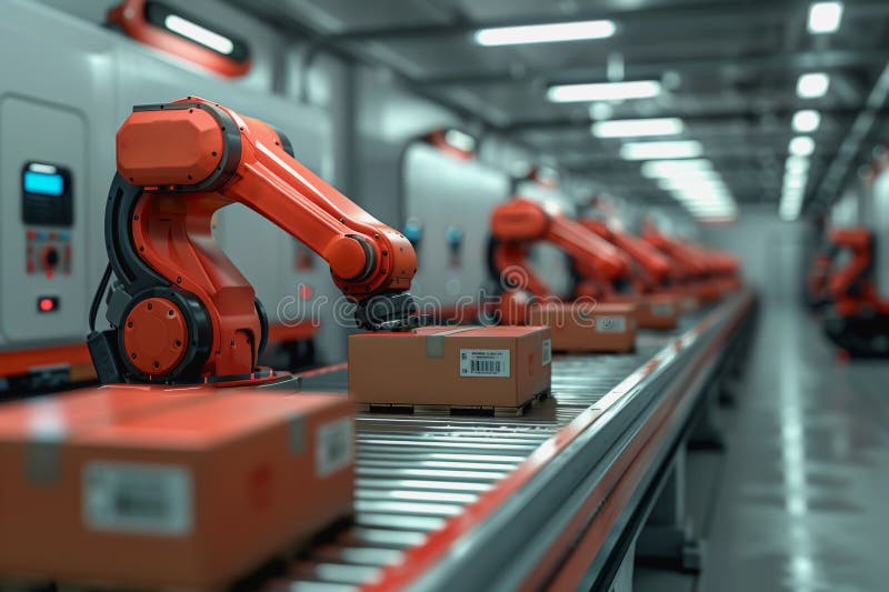 Robot Arms in a Warehouse Preparing Boxes for Delivery on a Conveyor ...
