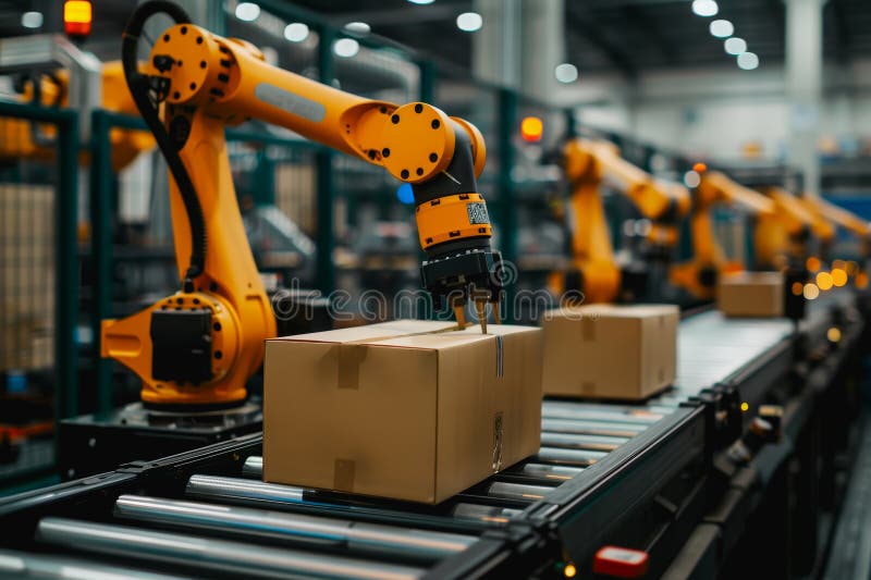 Robot Arms in a Warehouse Preparing Boxes for Delivery on a Conveyor ...