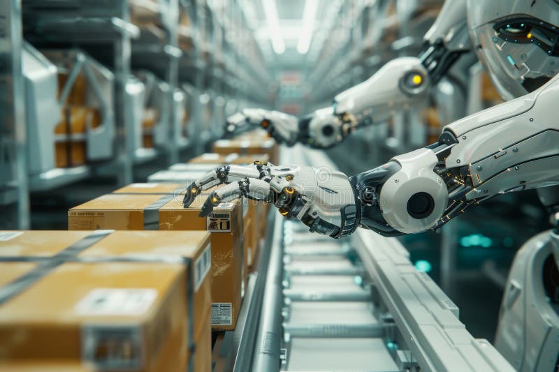 Robot Arms in a Warehouse Preparing Boxes for Delivery on a Conveyor ...