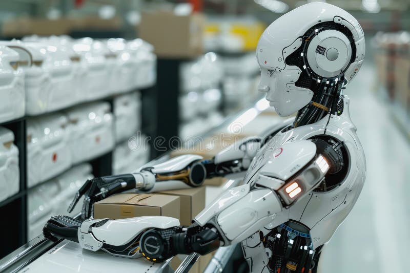 Robot Arms in a Warehouse Preparing Boxes for Delivery on a Conveyor ...