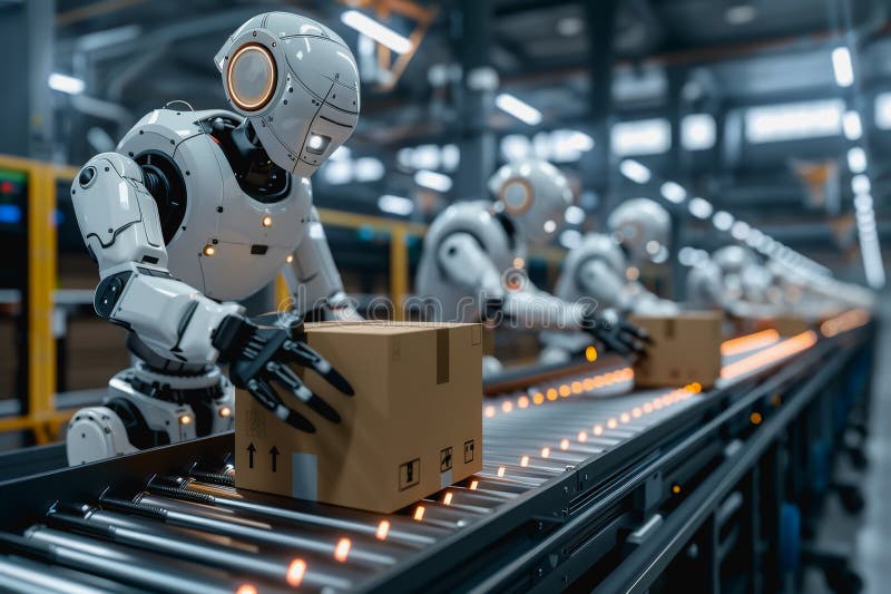 Robot Arms in a Warehouse Preparing Boxes for Delivery on a Conveyor ...