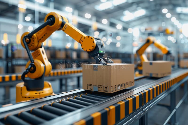 Robot Arms in a Warehouse Preparing Boxes for Delivery on a Conveyor ...