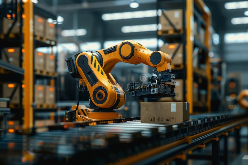 Robot Arms in a Warehouse Preparing Boxes for Delivery on a Conveyor ...