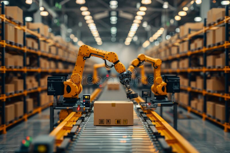 Robot Arms in a Warehouse Preparing Boxes for Delivery on a Conveyor ...