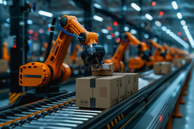 Robot Arms in a Warehouse Preparing Boxes for Delivery on a Conveyor ...