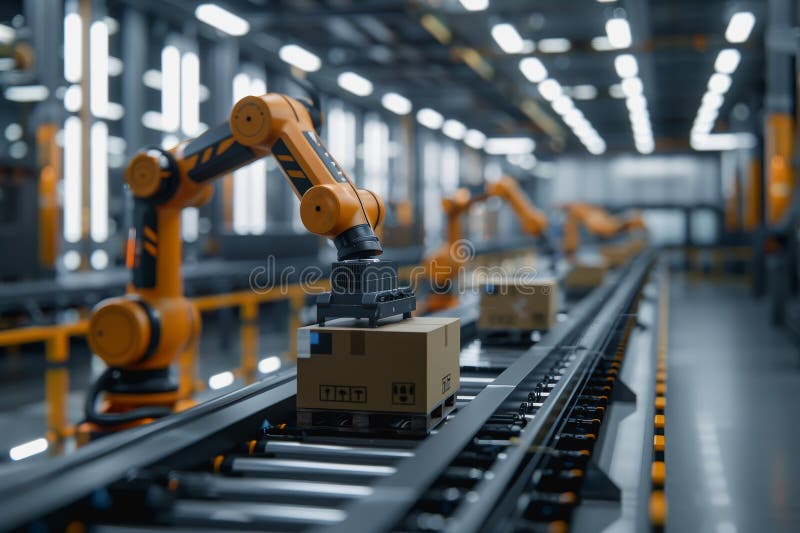 Robot Arms in a Warehouse Preparing Boxes for Delivery on a Conveyor ...