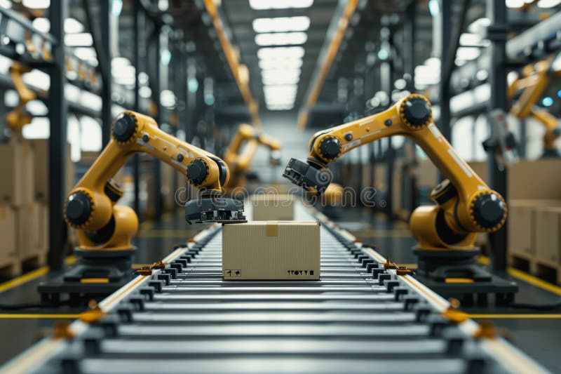 Robot Arms in a Warehouse Preparing Boxes for Delivery on a Conveyor ...