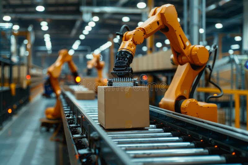 Robot Arms in a Warehouse Preparing Boxes for Delivery on a Conveyor ...