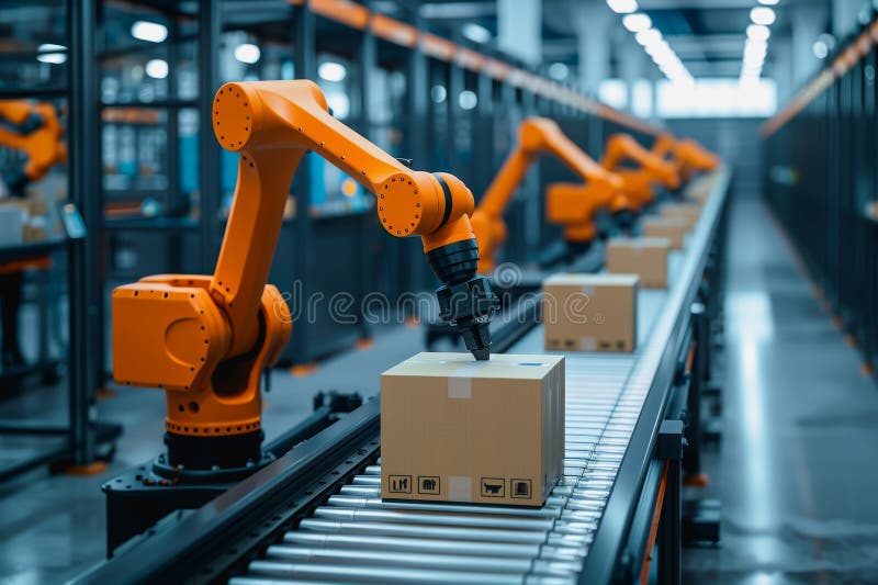 Robot Arms in a Warehouse Preparing Boxes for Delivery on a Conveyor ...