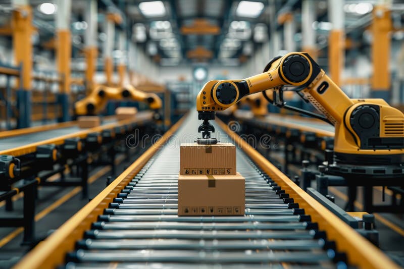 Robot Arms in a Warehouse Preparing Boxes for Delivery on a Conveyor ...