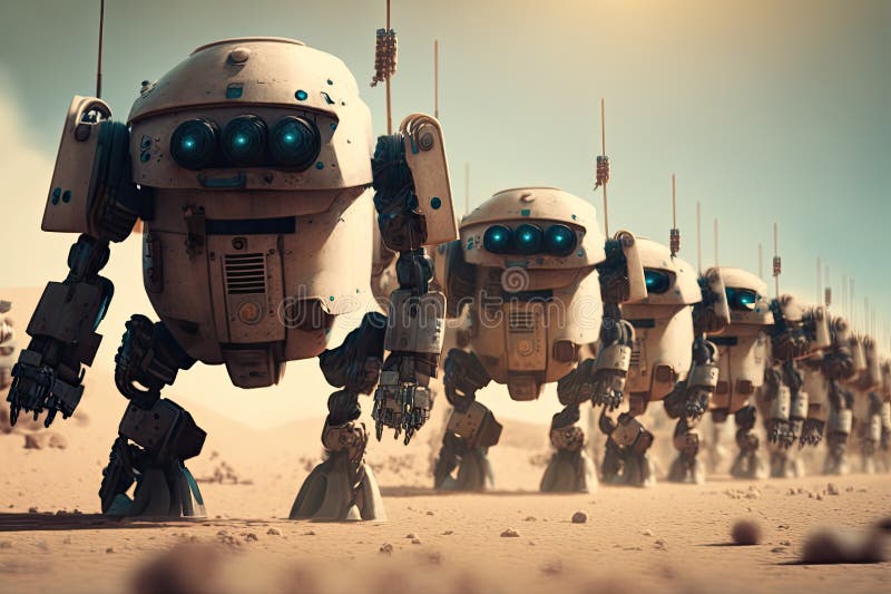 Robot Army Marching in Unison on a Distant Planet Stock Image - Image ...