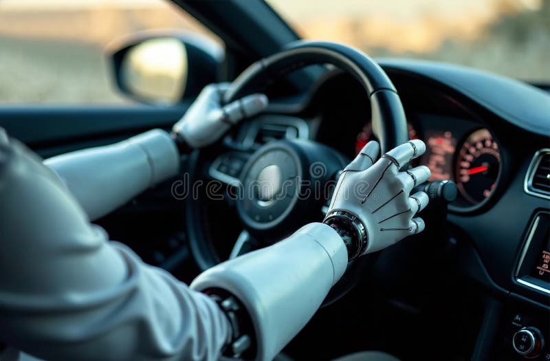 Robot Artificial Intelligence Driving Car, Hand on Steering Wheel. AI ...