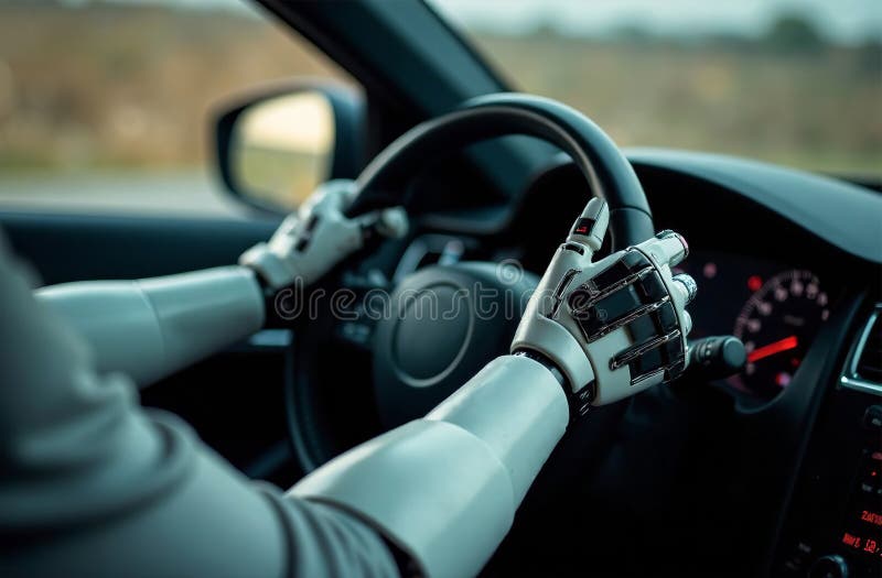 Robot Artificial Intelligence Driving Car, Hand on Steering Wheel. AI ...