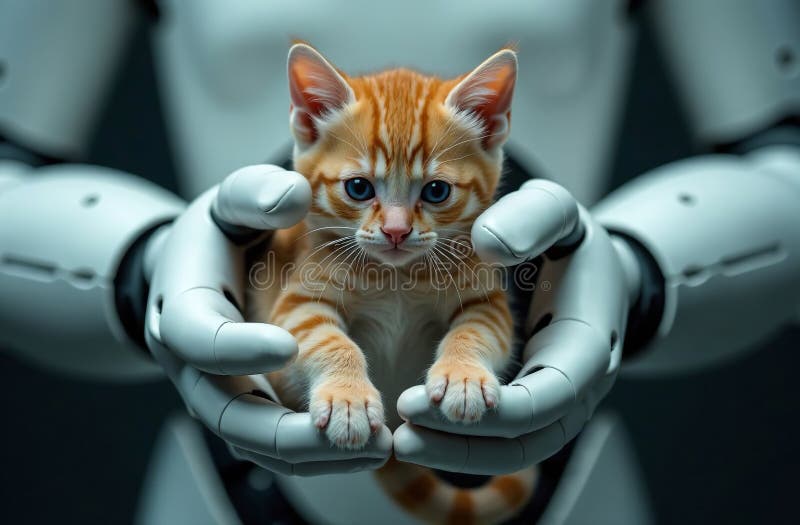 Robot Artificial Intelligence Holding Small Cat, Cute Kitty. AI ...