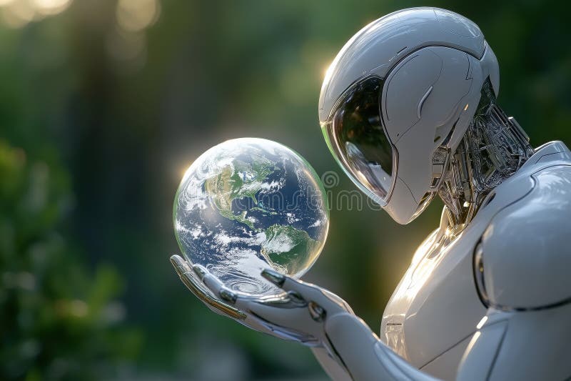 Robot Keeps the Earth. Planet in Hands at High Technology. Conceptual ...