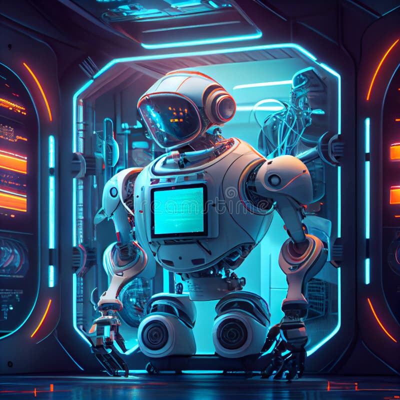 Robot with Artificial Intelligence in the Newest Space Laboratory Stock Illustration ...