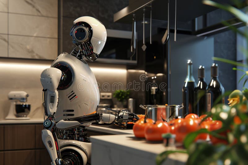 Robot As a Baker in the Kitchen, Blurred Background. Stock Illustration ...