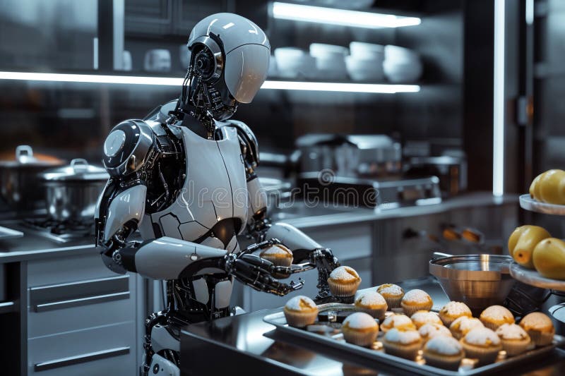 Robot As a Baker in the Kitchen, Holding Cupcakes, Blurred Background ...