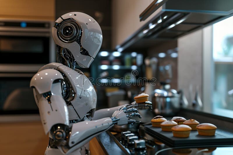 Robot As a Baker in the Kitchen, Holding Cupcakes, Blurred Background ...