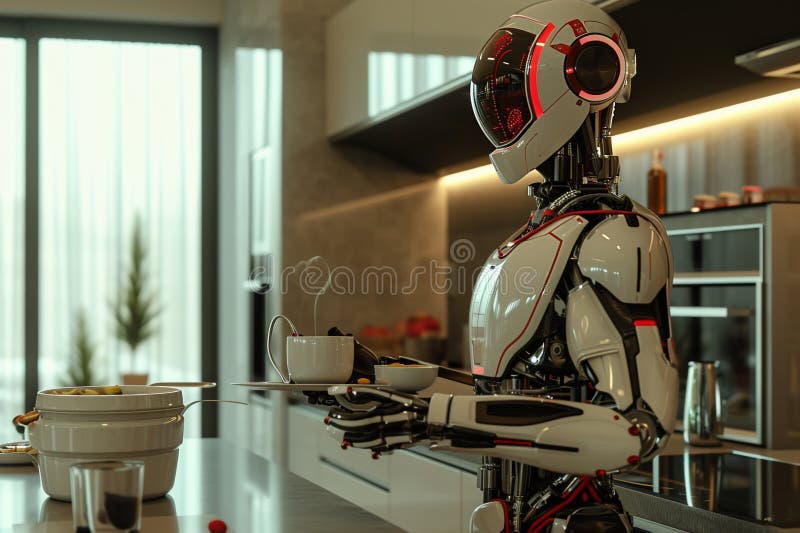 Robot As a Cook in the Kitchen, Holding Bread, Blurred Background ...