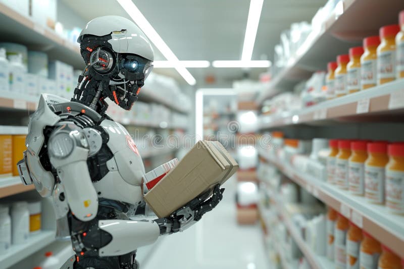 Robot As a Pharmacist in a Pharmacy, Holding Boxes with Tablets, Stock ...
