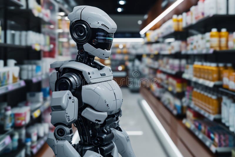 Robot As a Pharmacist in a Pharmacy, Holding Boxes with Tablets ...