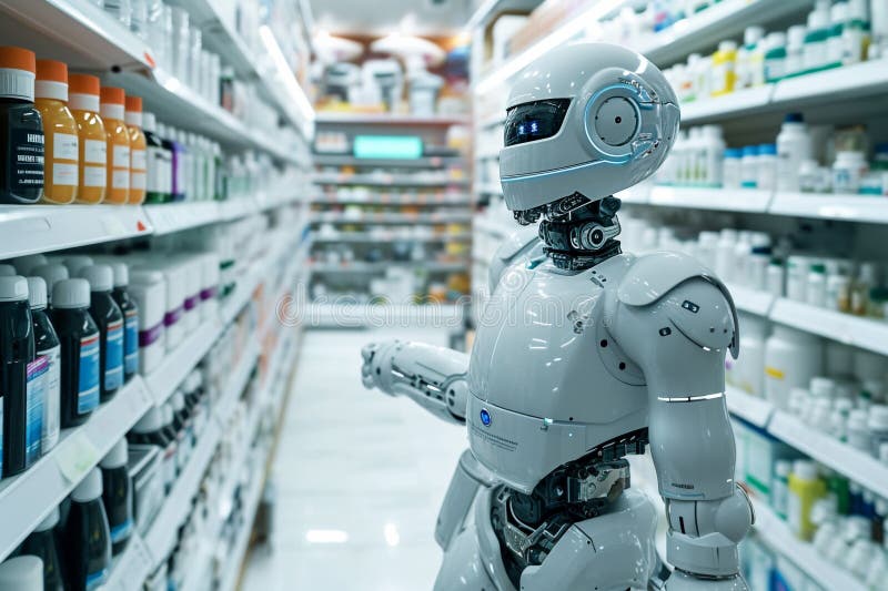 Robot As a Pharmacist in a Pharmacy, Holding Boxes with Tablets ...