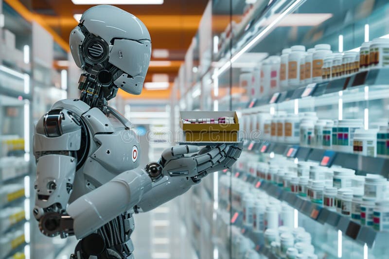 Robot As a Pharmacist in a Pharmacy, Holding Boxes with Tablets ...