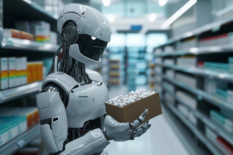 Robot As a Pharmacist in a Pharmacy, Holding Boxes with Tablets Stock ...