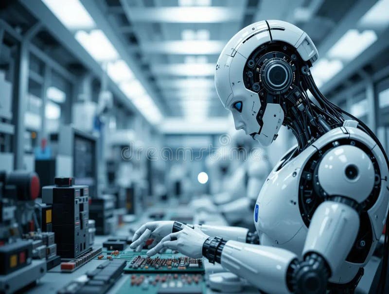 Robot Assembling Microchips in Clean Lab Stock Illustration ...