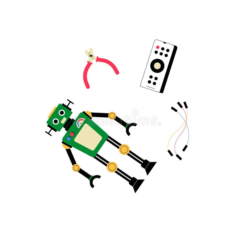 Robot Assembly Kit with Parts and Tools in Flat Vector Illustration ...