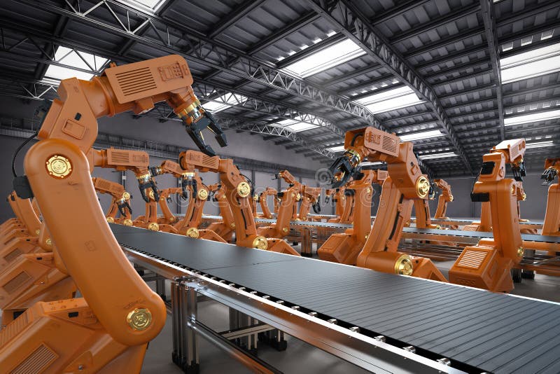 Robot Assembly Line with Car Engine or Machine Stock Illustration ...