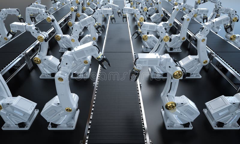 Robot Assembly Line with Car Engine or Machine Stock Illustration ...