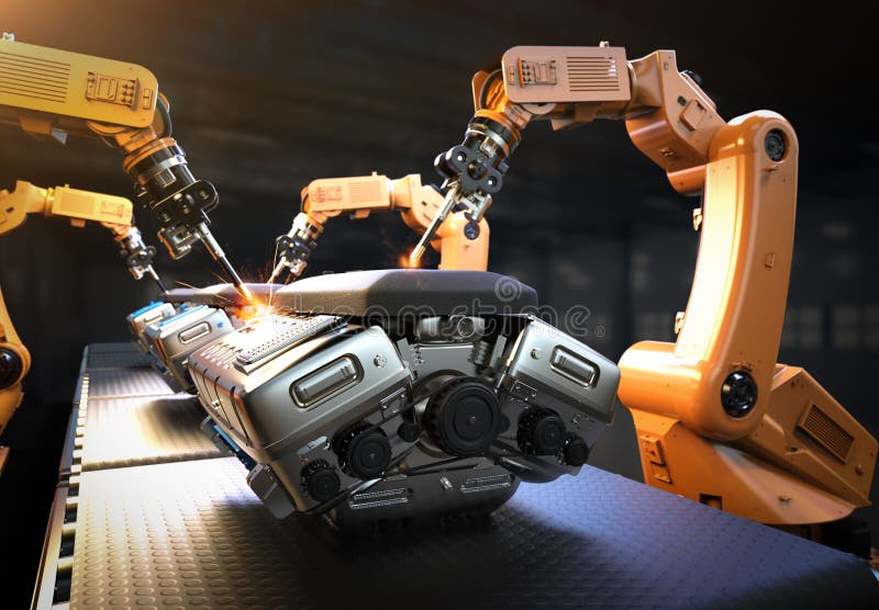 Robot Assembly Line with Car Engine or Machine Stock Illustration ...